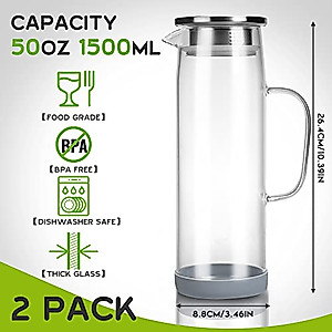 CUCUMI 2pcs 50oz Glass Pitcher with Stainless Steel Lid, 1.5 Liter Glss Water Carafe Heat Resistant Glass Jug for Iced Tea, Milk, Coffee, Juice