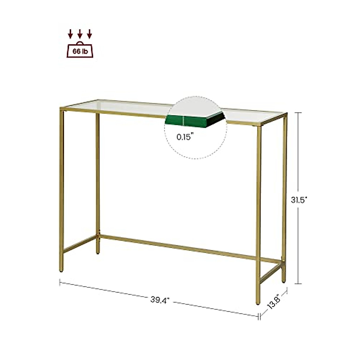 VASAGLE 39.4” Console Table, Tempered Glass Sofa Table, Modern Entryway Table, Metal Frame, Easy to Assemble, Adjustable Feet, for Living Room, Hallway, Gold Color ULGT26G
