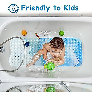 Topotdor Abstract Bathtub Mat Non Slip for Shower Tub, 40 X 16 Inch Extra Long Bath Mat for Adults & Kids, Blue Marble Shower Floor Mat with Suction Cups & Drain Holes, Machine Washable