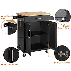 Topeakmart Kitchen Island On Wheels with Storage Cabinet and Drawer, Kitchen Trolley Cart with Spice Rack and Towel Bar for Dining Room, 26x18x36 Inches, Black