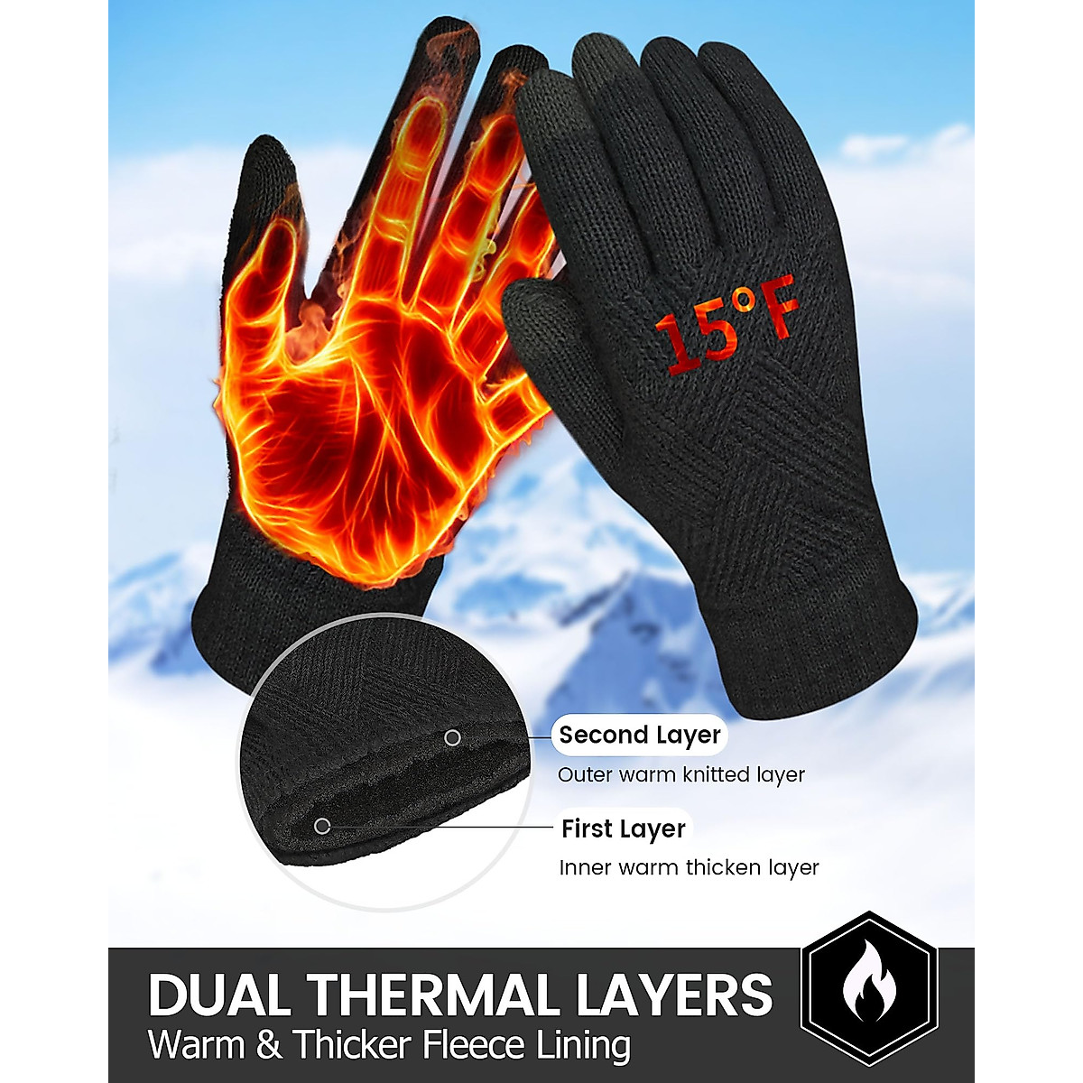 REACH STAR Winter gloves for women, 3-Finger Touch screen Dual-Layer Cashmere Elastic Thermal knit Lining, Warm Gloves for Cold weather,Running,Driving(Black)