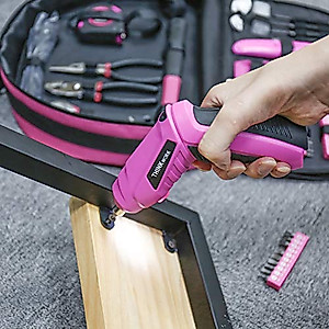 THINKWORK 122-Piece Pink Tool Set with 3.6V Rotatable Electric Screwdriver, Home Tool Kit for Women with Easy Carrying Round Pouch, Ladies Pink Tool Kit for Home Maintenance, DIY, Gifts