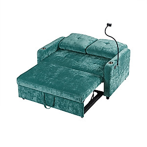 3 in 1 Convertible Sleeper Sofa Bed, Modern Chenille Loveseat Pull Out Couch Bed with Cup Holder & USB Port, Phone Holder and Adjustable Backrest, Loveseat Lounge for Living Room Office (Teal/)