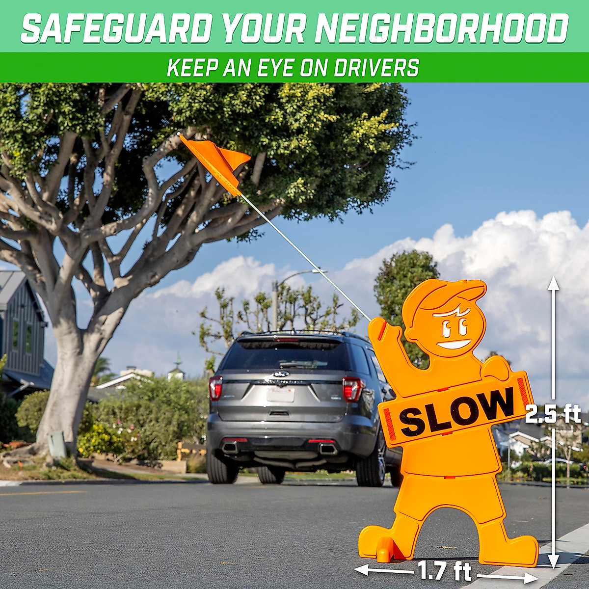 GoSports Slow Down Man! Street Safety Sign - Double-Sided High Visibility Kids at Play Signage for Neighborhoods with Flag