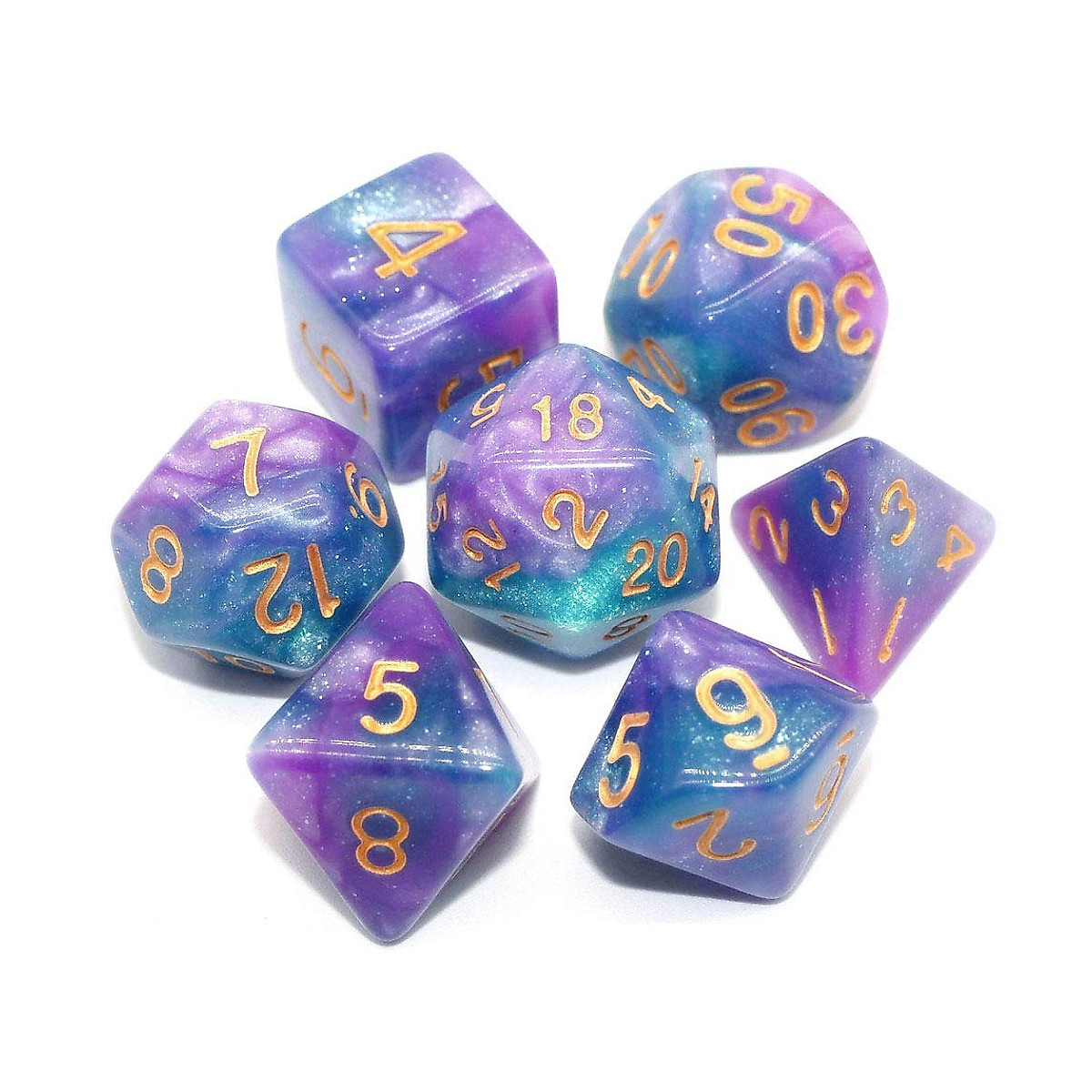 DND Dice Polyhedral 7-Die Dice Set for D&D Dungeons & Dragons Role Playing Gaming Night Sky dice with Glitter Purple Green…