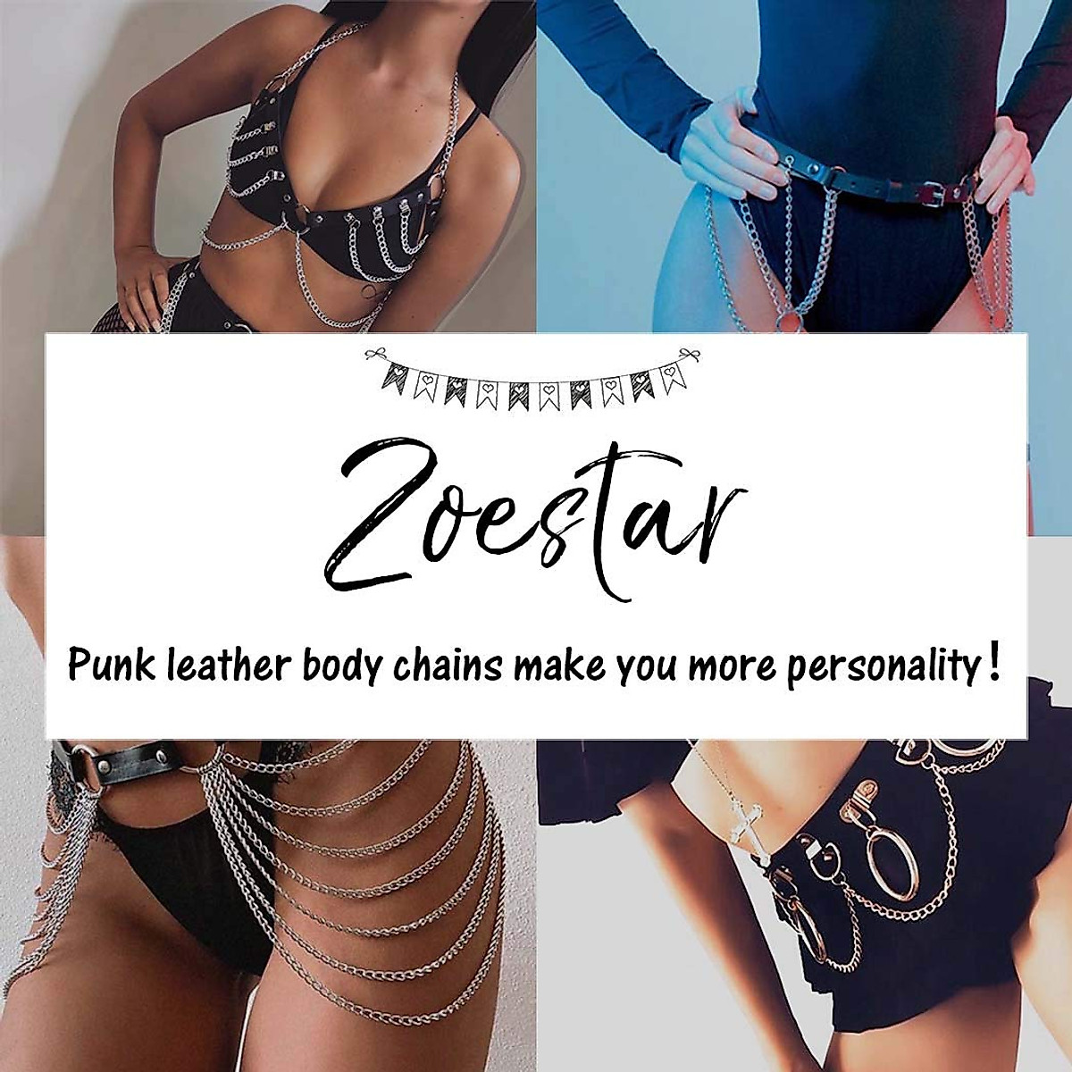 Zoestar Punk Leather Waist Chain Tassel Waist Harness Black Leather Body Belt Party Waist Cage for Women (Color 1)