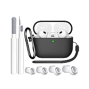 SUPFINE Compatible with Airpods Pro 2nd Generation Case, Airpod Pro Case Cover 2022/2019 with Cleaner kit&Replacement Eartips, Soft Silicone Airpods Pro Case with Keychain and Lanyard (Black)