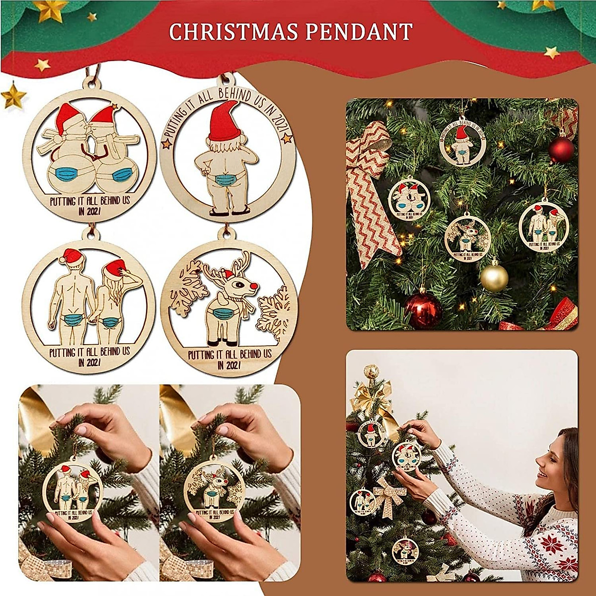 GTRXTAR 4PC 2021 Wooden Christmas Ornaments Christmas Tree Wooden Round Pendant Decoration, Christmas Tree Home Garden Decoration Hanging Ornaments
