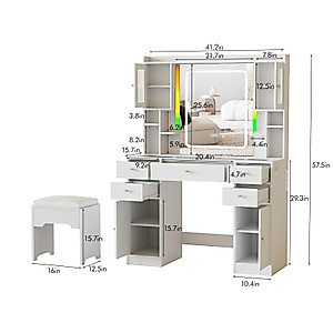 White Vanity Desk with LED Mirror,Makeup Vanity with Charging Station & RGB Lights,5 Drawers 4 Shelves Makeup Desk Vanity Table Stool Set with Glass Table Top & Time Display Lights, White