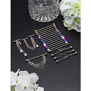 Uzgtvy 16G Industrial Earrings Bar Barbells Piercing Jewelry 316L Stainless Surgical Steel Silver Dangle Industrial Ear Earring Rings Chain Cartilage Helix Industrial Piercing Jewelry 38mm Women Men