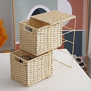 Cabilock Rattan Double Layer Basket wicker basket 3 drawer plastic storage 2 tier organizer baskets woven sliding basket plastic drawers for clothes pantry pvc imitation rattan egg to weave