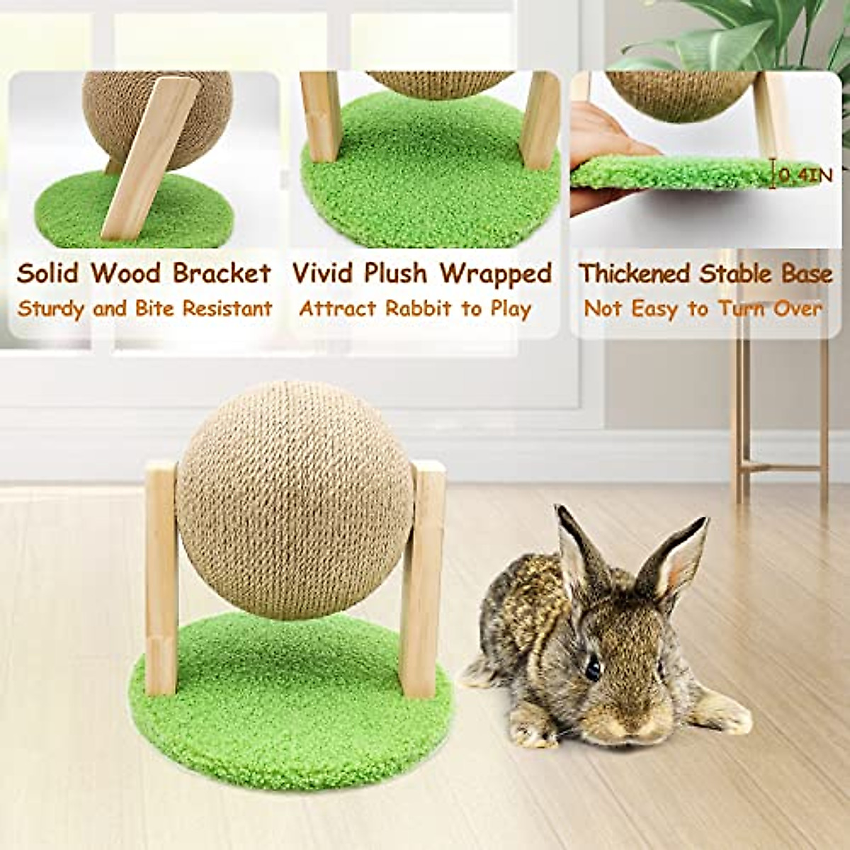 BNOSDM Rabbit Scratch Toy Natural Sisal Wood Rabbit Scratching Ball Toy Bunny Scratcher with Ball for Indoor Rabbits Bunnies Kittens Ferrets Chinchillas Small Animals (Medium)