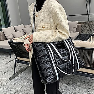 Large Puffy Tote Bag for Women Lightweight Quilted Cotton Padded Shoulder Bag Winter Down Handbag Crossbody Bag (w)