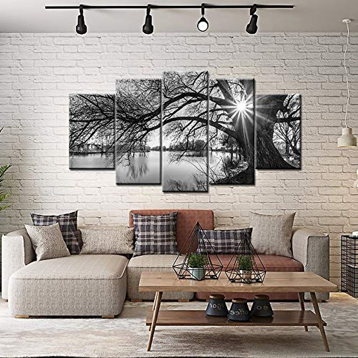 sechars - 5 Pieces Wall Art Old Tree by Lake Picture Canvas Prints Sunrise Painting Black and White Landscape Canvas Art Modern Wall Decoration Framed and Ready to Hang
