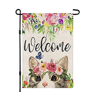 Cat Garden Flag Welcome 12 x 18 inch Flower Butterfly Yard Outdoor Decoration Burlap Spring Garden Flag DF032