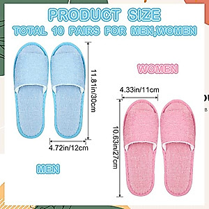 10 Pairs Washable House Slippers for Guests Open Toe Spa Slippers Women Men Soft Disposable Slippers Cotton Linen Hotel Slippers Bulk Non Slip Breathable for Indoor Travel Bedroom Party (Pink, Blue)