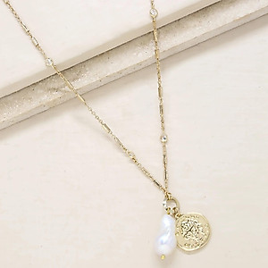 Ettika Pearl Necklaces For Women, Gold Necklace. Pendant Necklace for Women. Trusty Trinkets Pearl and Coin 18k Gold Plated Necklace