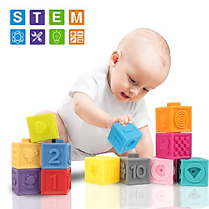 Nueplay Baby Blocks Toys Early Learning Building Blocks Ball Set Teethers Babies Bath Toys Squeeze Play with Numbers Shapes Animals Fruit and Textures Toy for 6 Months & Up Toddlers-16 PCS