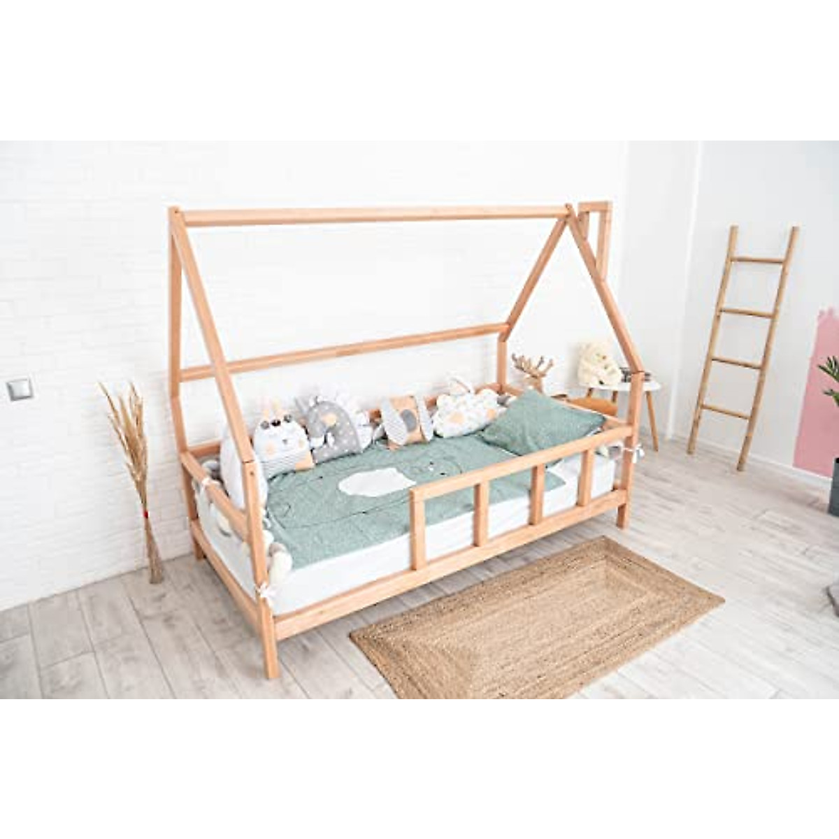 BUSYWOOD Montessori Bed For Toddlers - Wooden House Bed Frame - Twin Bed - Bed Montessori (Model 1, Natural tree, with Legs & Slats)