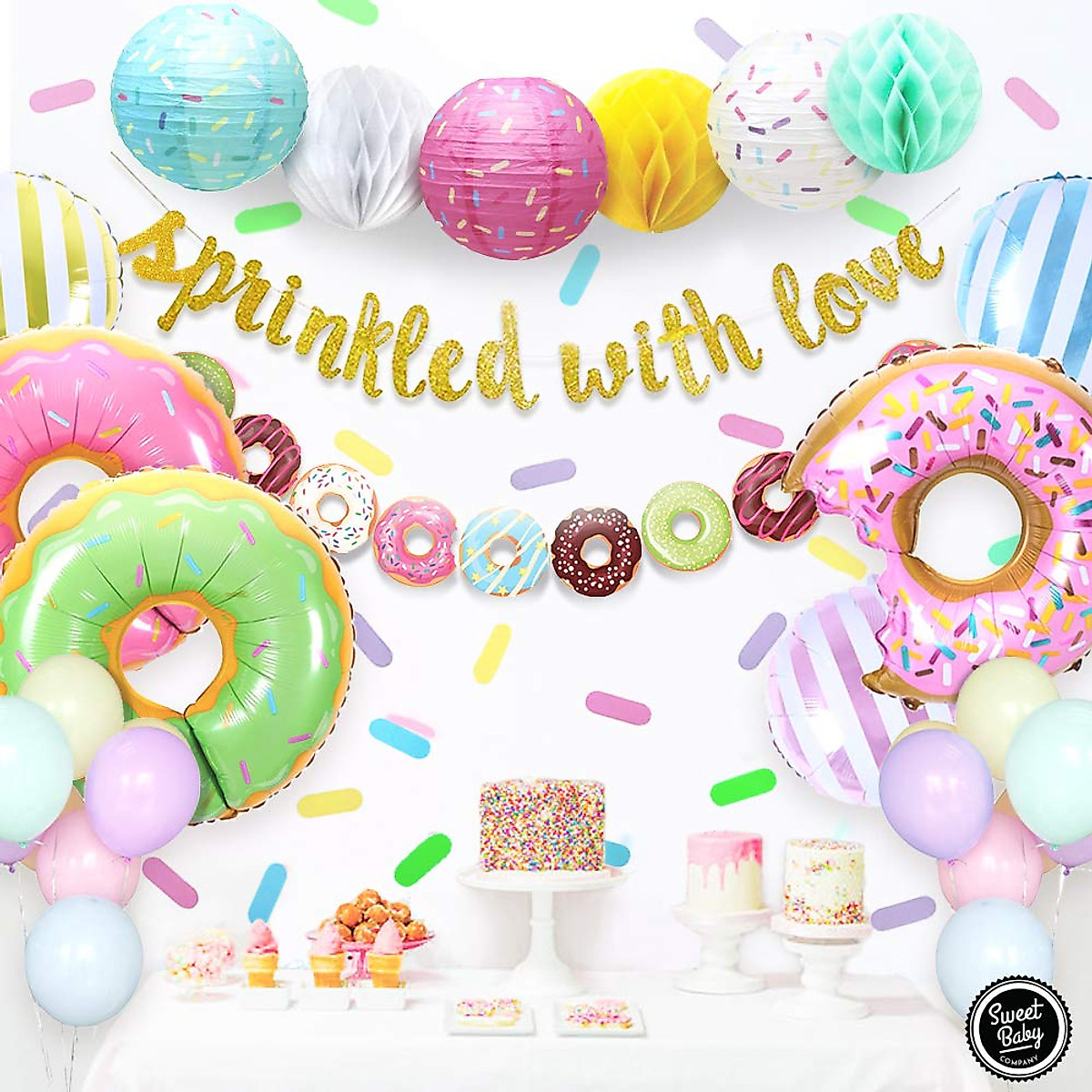 Sweet Baby Co. Donut Sprinkle Baby Shower Decorations Boy or Girl Party Supplies with Sprinkled With Love Gold Banner, Donuts and Candy Stripe Balloons, Backdrop, Garland, Lantern, Honeycomb Balls