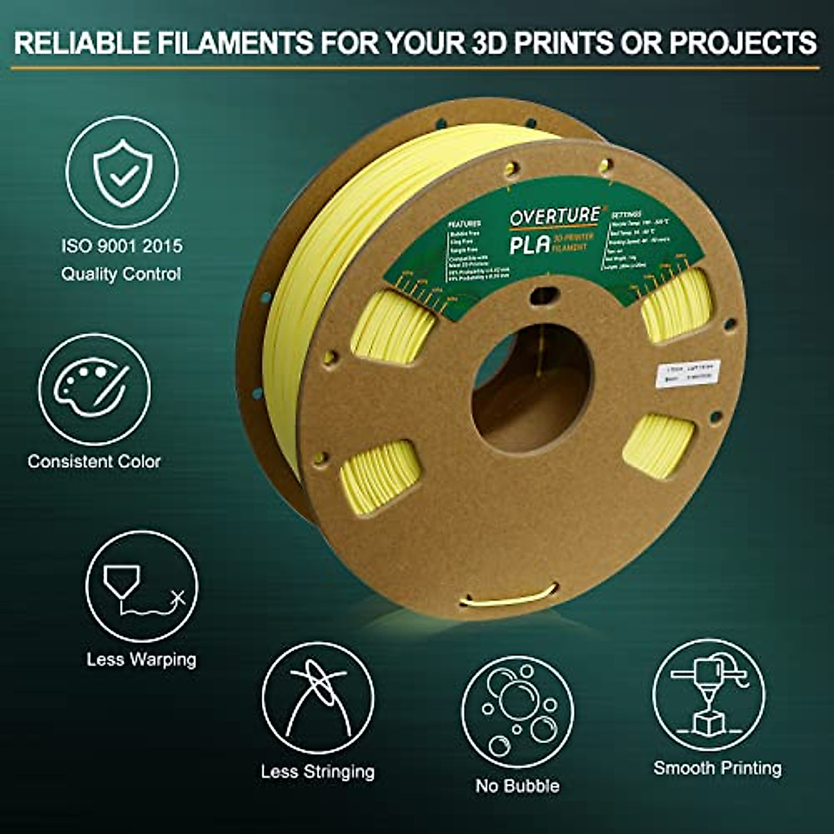 OVERTURE PLA Filament 1.75mm PLA 3D Printer Filament, 1kg Cardboard Spool (2.2lbs), Dimensional Accuracy +/- 0.03mm, Fit Most FDM Printer (Light Yellow)