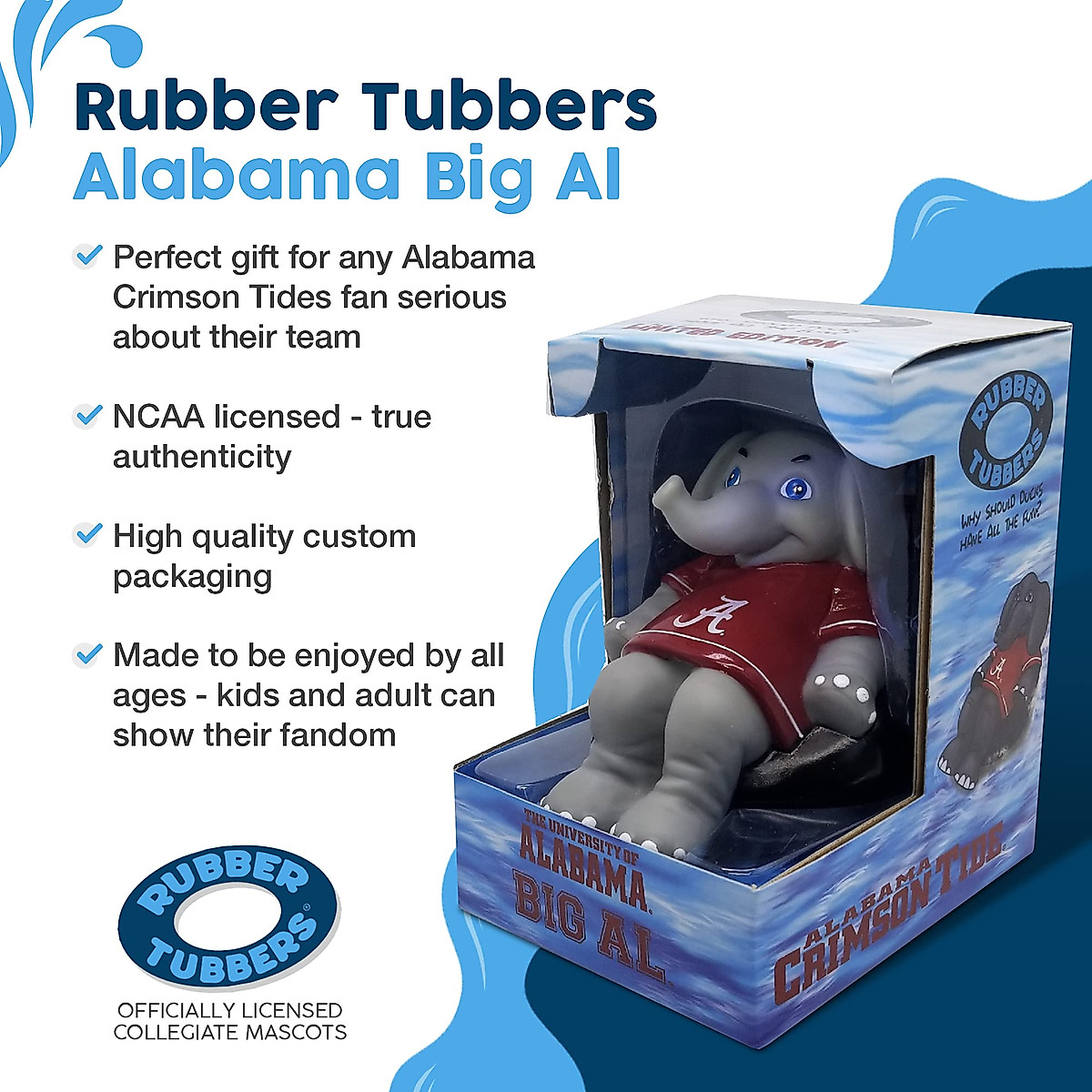 Rubber Tubbers Alabama Crimson Tide (Big Al) Collegiate Bathtub Toys - Officially Licensed NCAA Team Mascots, Authentic Sports Memorabilia, Novelty Rubber Ducks (University of Alabama)