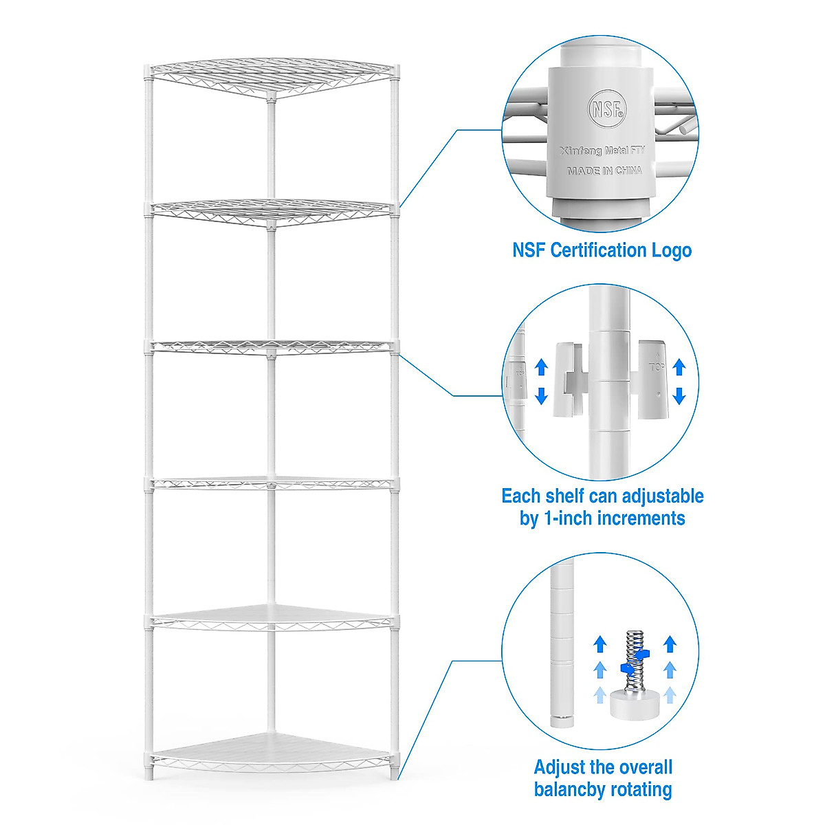 NSF 6-Tier Metal Corner Shelf Wire Shelving Unit - 420 lbs Capacity, Adjustable, with leveling feet & Waterproof Shelf Liners - Ideal for Garage, Kitchen, and More - 72" H x 18" L x 18" D - White