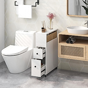 Giantex Small Bathroom Storage Cabinet - Slim Bathroom Organizer with Wheels, 2 Drawers, 2 Baskets, Brush Holder, Over The Toilet Storage Cabinet for Skinny Corner, Narrow Spaces Bathroom Storage