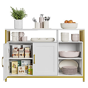 HITHOS Sideboard Buffet Cabinet, Gold Storage Cabinet with Doors and Adjustable Shelves, Modern Coffee Bar Cabinet Accent Cabinet for Kitchen, Dining Room, Living Room, Entryway, Gold/White