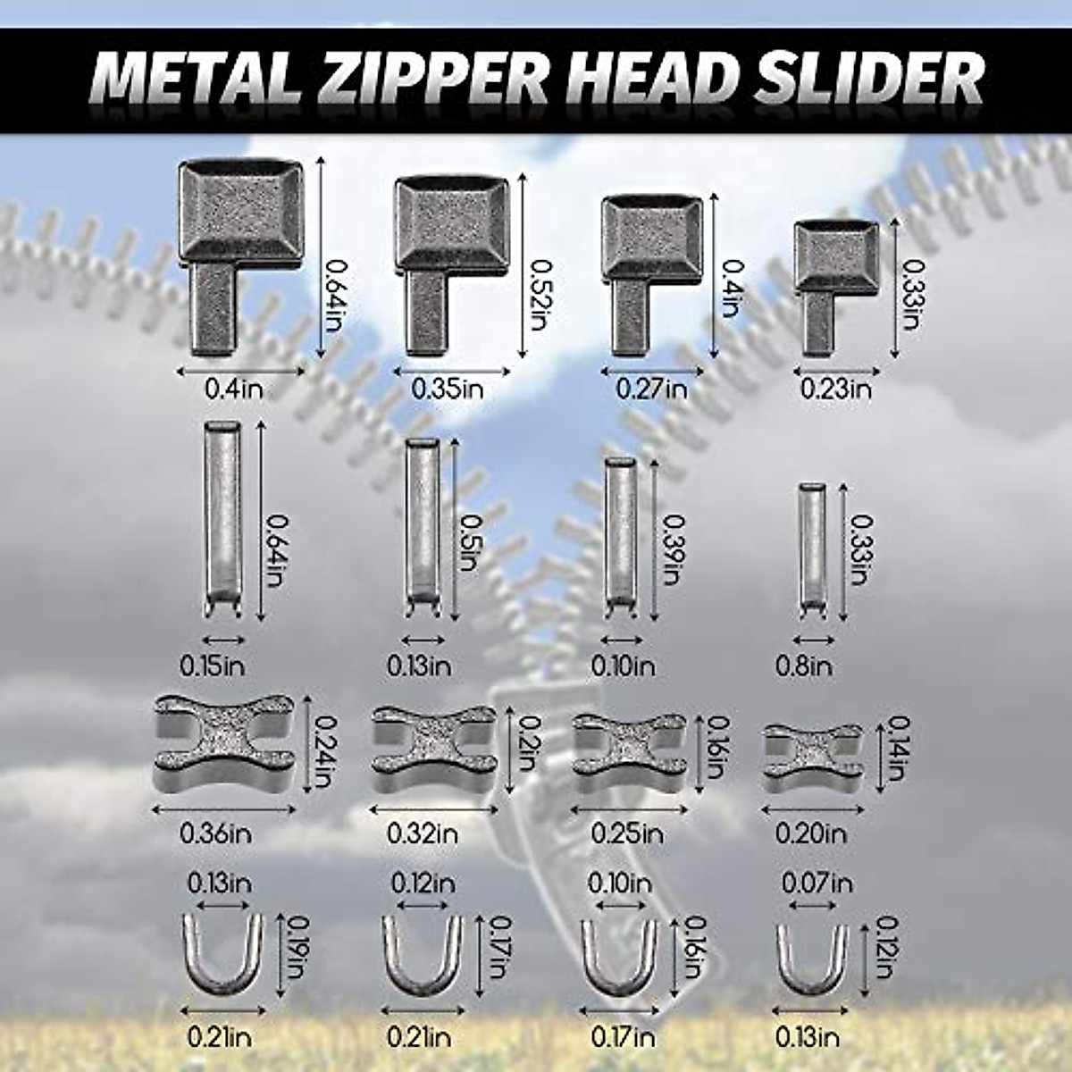 Metal Zipper Head Slider, 4 Sizes Zipper Bottom Sliders Retainer Insertion Pin in 3 Colors, Zipper Stopper Repair Tool Kit for Coats Jacket DIY Sewing Replacement, Size of 3/5/8/10 (60 Pieces)