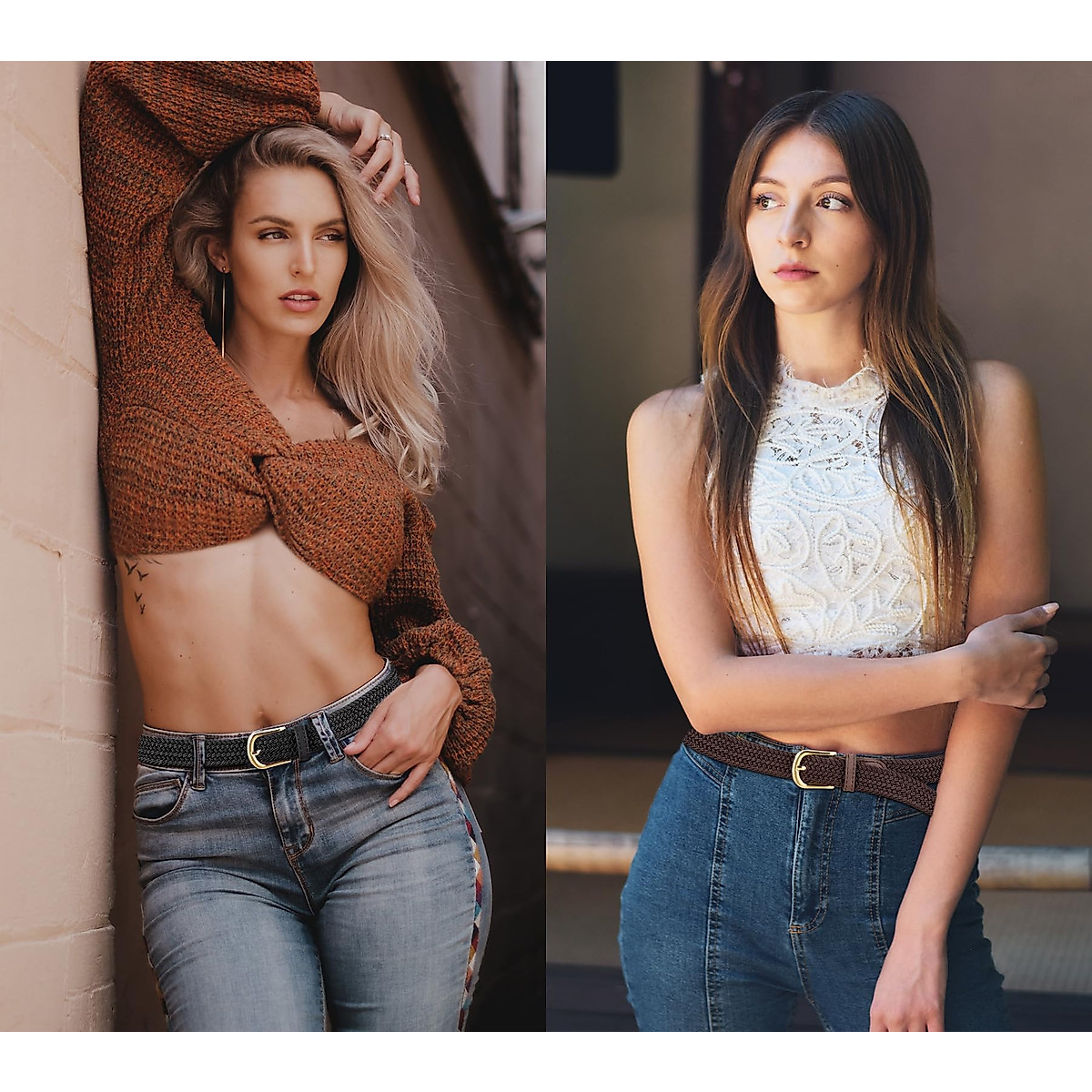 Alphyly Neries 2 Pack Women Plus Size Belt, Woven Elastic Stretch Belt, Brown Braided Belt Women, Black+Brown, For Waist Size 25-36''