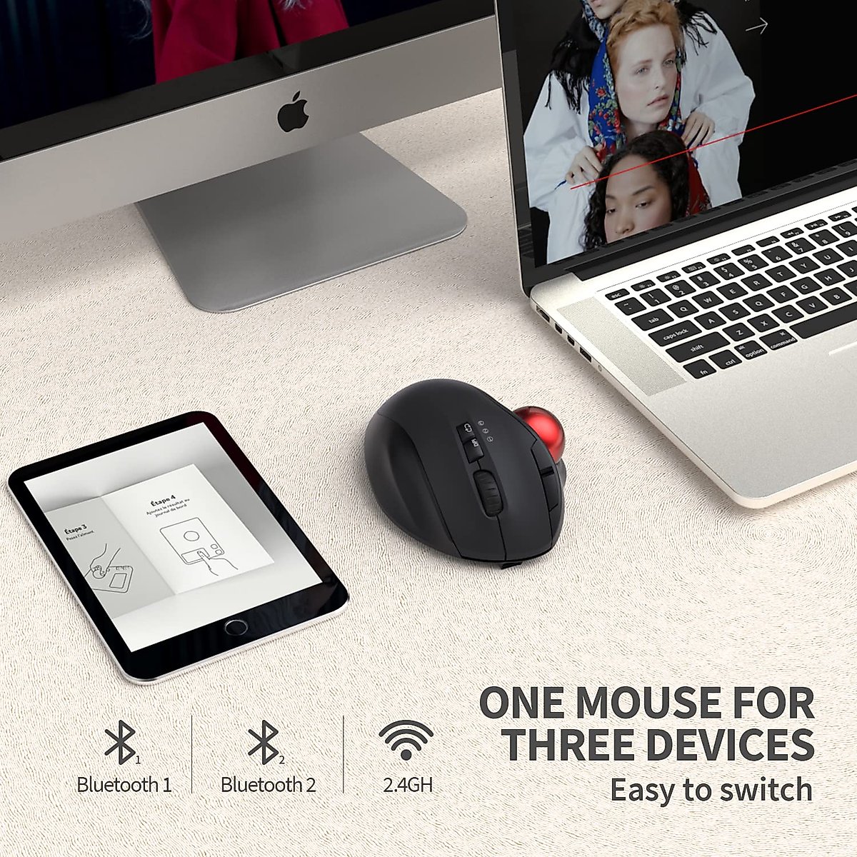 KKUOD 2.4G+Dual Bluetooth Wireless Trackball Mouse, 3-Device Connection Ergonomic Mouse, Rechargeable Ergo Mouse with USB-C Port and 3 DPI, Thumb-Operated Mouse for PC Computer Laptop Tablet