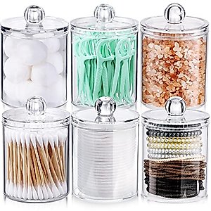 AOZITA 6 Pack Qtip Holder Dispenser for Cotton Ball, Cotton Swab, Cotton Round Pads, Floss - 10 oz Clear Plastic Apothecary Jar Set for Bathroom Canister Storage Organization, Vanity Makeup Organizer