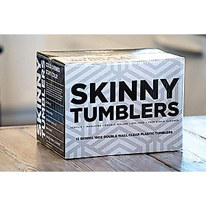 STRATA CUPS SKINNY TUMBLERS 12 Clear Acrylic Tumblers with Lids and Straws | Skinny, 16oz Double Wall Clear Plastic Tumblers With FREE Straw Cleaner & Name Tags! Reusable Cup With Straw (Clear, 12)