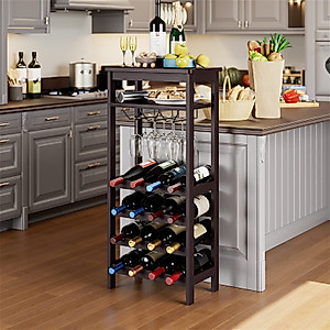 Bamboo Wine Rack, Wine Rack Freestanding Floor with Glass Holder Rack, Tabletop & 16 Bottles Holder, Wine Display Storage Stand for Kitchen, Office, Bar