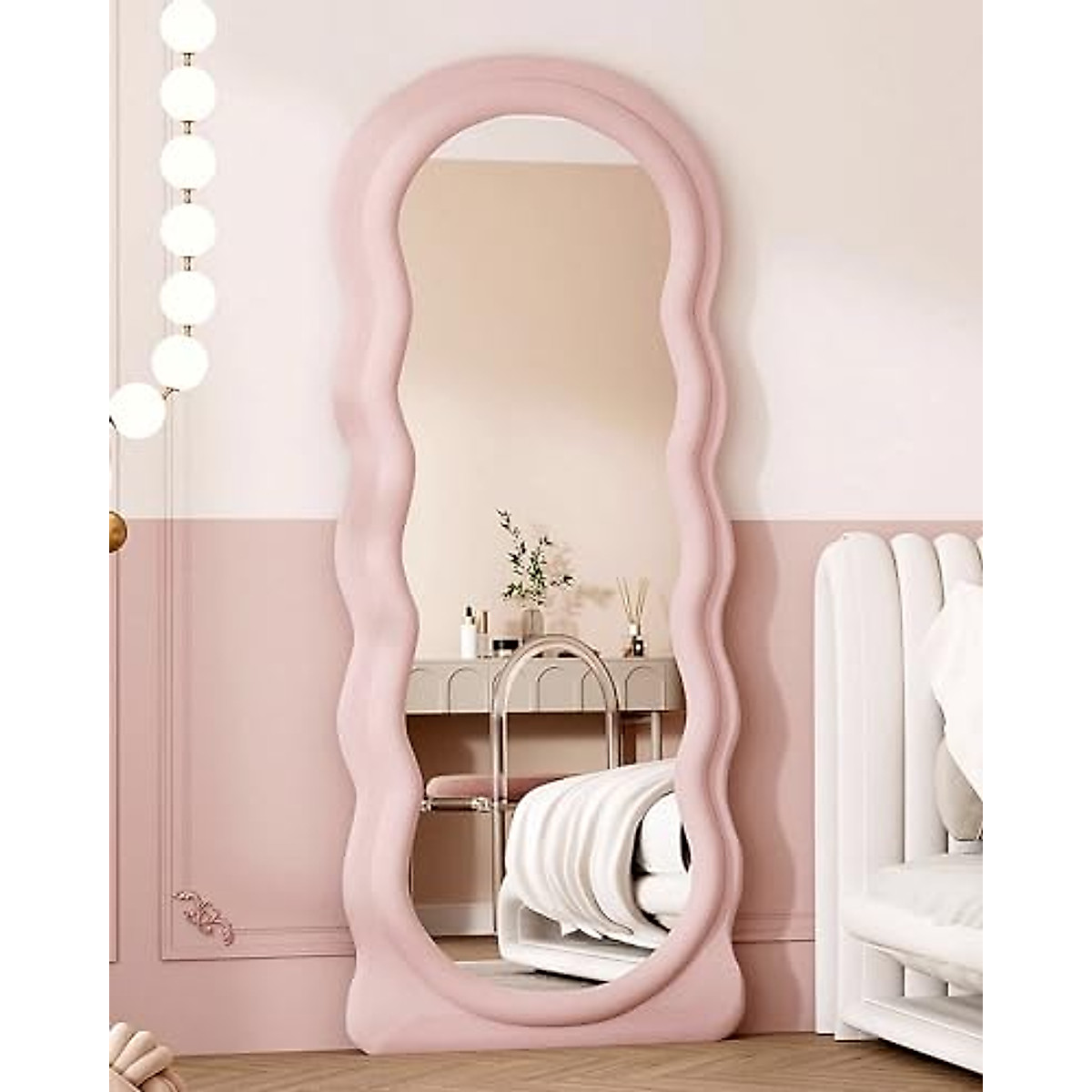 Otlsh Wavy Floor Mirror, 63" x 24" Full Length Mirror with Stand, Irregular Wavy Mirror, Wave Pattern, Flannel, Standing Mirror, Large Wall Mirror, Freestanding, Pink