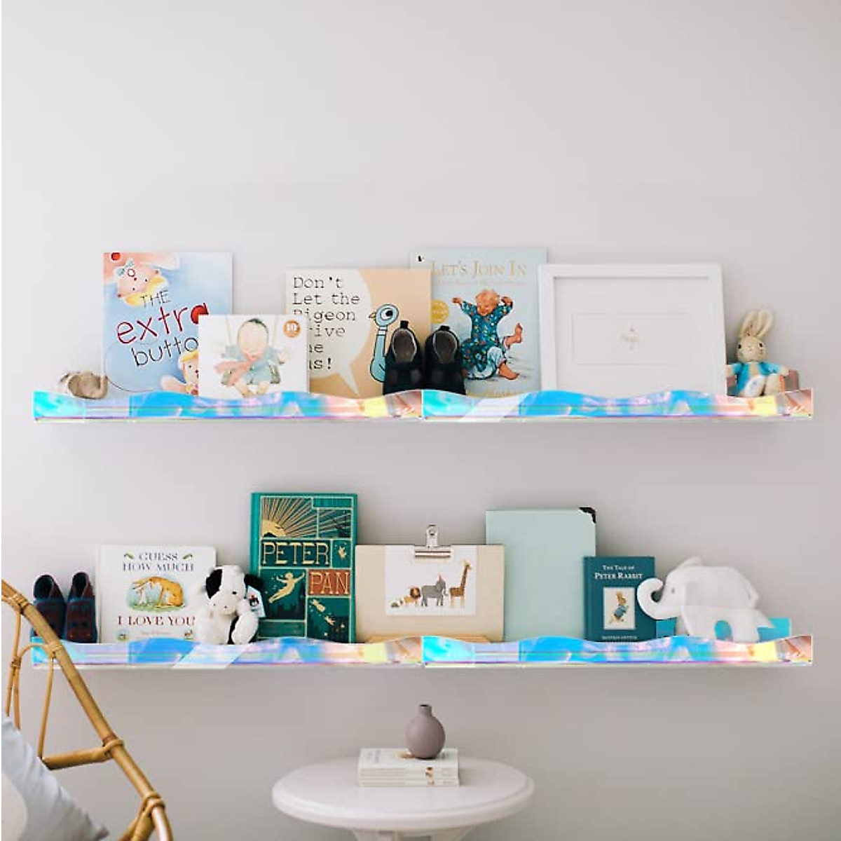 YMVV Large Iridescent Clear Acrylic Wall Mounted Floating Shelf,Room Wall Display Bookshelf,Modern 15.7 in Thickened Bathroom Storage Ledge Shelves Toy Display Organizer Decor 4 Pack