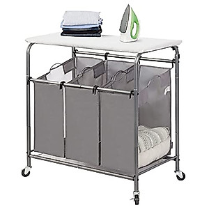 STORAGE MANIAC 3-Section Laundry Sorter with Foldable Ironing Board, Heavy-Duty Rolling Laundry Cart with and Removable Bags, Triple Laundry Hamper with Wheels, Dark Grey