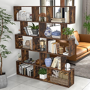 SILKYDRY 5-Tier Geometric Bookshelf, Freestanding Room Divider Bookcase, S-Shaped Decorative Storage Shelving, 62.5" Tall Display Book Shelf for Bedroom, Living Room (2, Rustic Brown)
