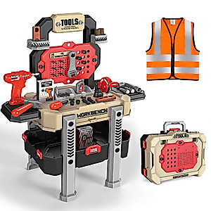 Deejoy Kids Tool Bench with Realistic Tools and Electric Drill, 79 Pcs Transformable Kids Tool Set with Clothes, Toddler Tool Bench Pretend Play Learning Gift for Boys & Girls Age 3-5 (Yellow)