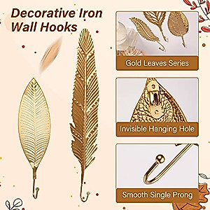 ORYOUGO Set of 7 Decorative Leaves Iron Hooks Extra Large Plant Modern Key Holder Wall Mounted Gold Single Prong Coat Hanger for Hallways, Living Room
