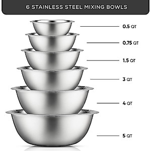 JoyJolt Stainless Steel Mixing Bowl Set of 6 Bowls. 5qt Large to 0.5qt Small Metal Bowl. Kitchen, Cooking and Storage Nesting Dough, Batter Baking Bowls