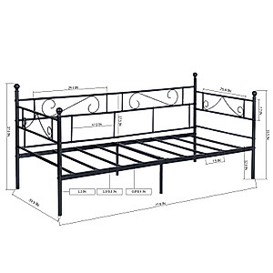 Symylife Classic Twin Daybed Metal Bed Frame with Headboard, Sturdy Steel Slats Support, Easy Assembly, Mattress Platform Bed Sofa for Living Room Guest Room,Black