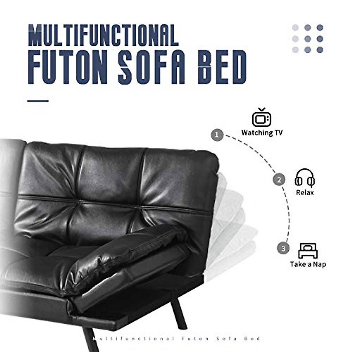 IULULU 70.5" Futon Sofa Bed Faux Leather Sleeper Couch, Convertible Split Loveseat Daybed with Adjustable Back and Arms for Small Spaces Room, Apartment, Office, Dark Black