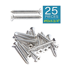 #10 x 1-3/4" Wood Screws, Self-Tapping Cabinet Screws 25pcs, Flat Head 18/8 Stainless Steel Sheet Metal Screws Countersunk Phillips Drive for Indoor and Outdoor Wooden Working by IMSCREWS