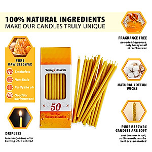 50 All Natural Décor 100% Pure Beeswax Taper Candles – Tall (6 in), Unscented, Dripless, Smokeless, Slow Burning, Non Toxic, Honey Scent - for Home, Dinner, Cake, Prayer, Church, Hanukkah, Christmas