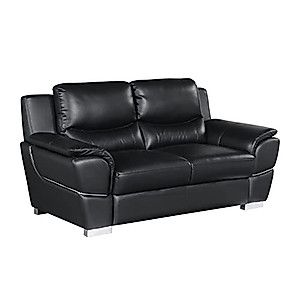 Blackjack Furniture Binion Modern Leather Loveseat for Living Room with Padded Headrests, Stainless Steel Legs & Accent Chrome Trim, Black