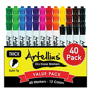 40 Pack of Dry Erase Markers (12 ASSORTED COLORS WITH 7 EXTRA BLACK) - Thick Barrel Design - Perfect Pens For Writing on Whiteboards, Dry-Erase Boards, Mirrors, Windows, & All White Board Surfaces