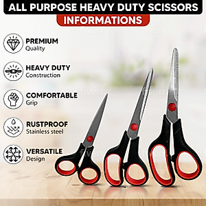 Scissors All Purpose Heavy Duty Pack of 3 – Ultra Sharp Stainless Steel Craft Scissors – Ergonomic Handle Office Scissors with Comfortable Non-Slip Grip – Adult Scissors for Sewing, Arts, Crafts