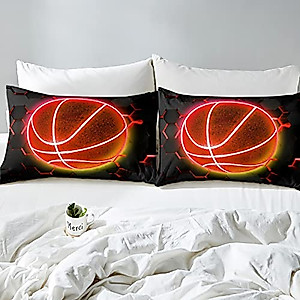 Kids Basketball Duvet Cover Set Boys Neon Red Geometric Honeycomb Hexagon Bedding Set for Teens Men Room Decor Fashion Balls Sport Gaming Comforter Cover Modern Black Quilt Cover 3pcs Queen Size